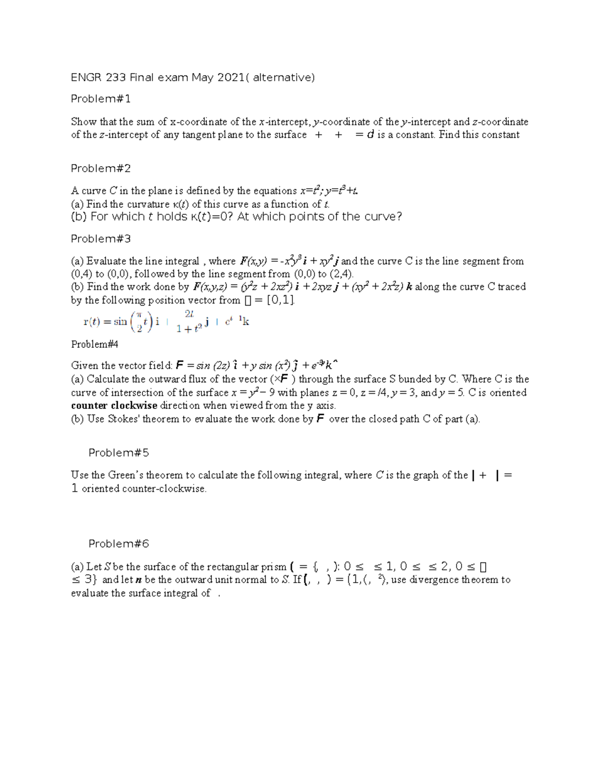 ENGR 233 Final exam May 2021 Alternative - ENGR 233 Final exam May 2021( alternative) Problem ...