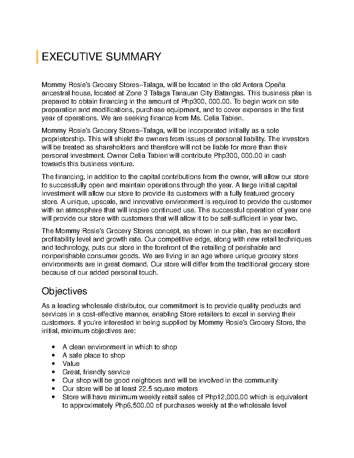 Executive Summary - Business Plan Opeña - EXECUTIVE SUMMARY Mommy Rosie ...