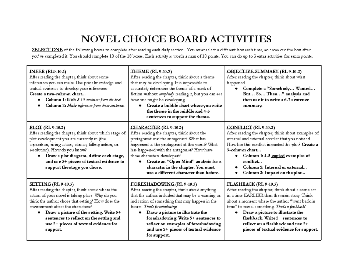 The Girl Who Fell From The Sky Choice Board Activities - NOVEL CHOICE ...