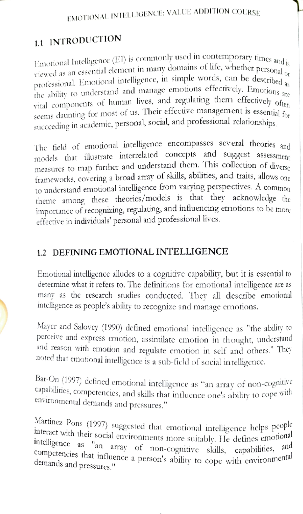 Emotional Intelligence - Unit 1 & 2 - EMOTIONAL INTELLIGENCE: VALUE ...