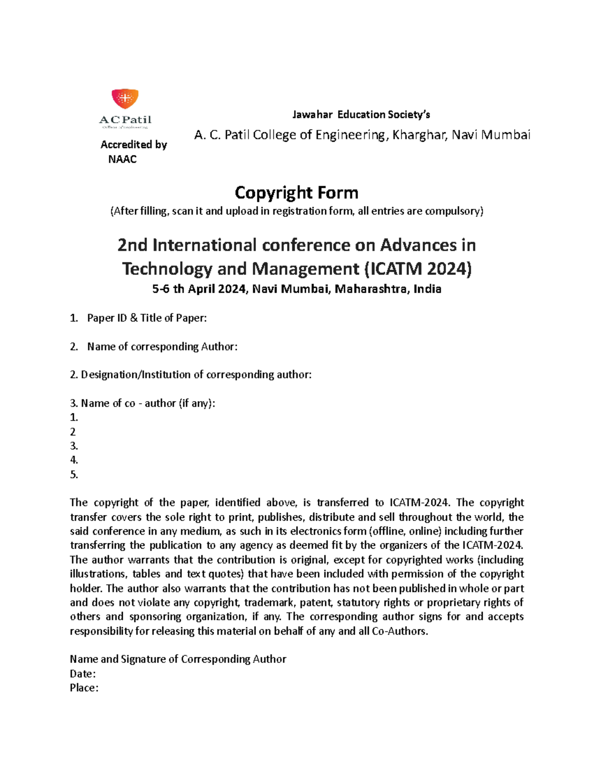 Icatm-2024 Copyright form - Accredited by NAAC Jawahar Education ...