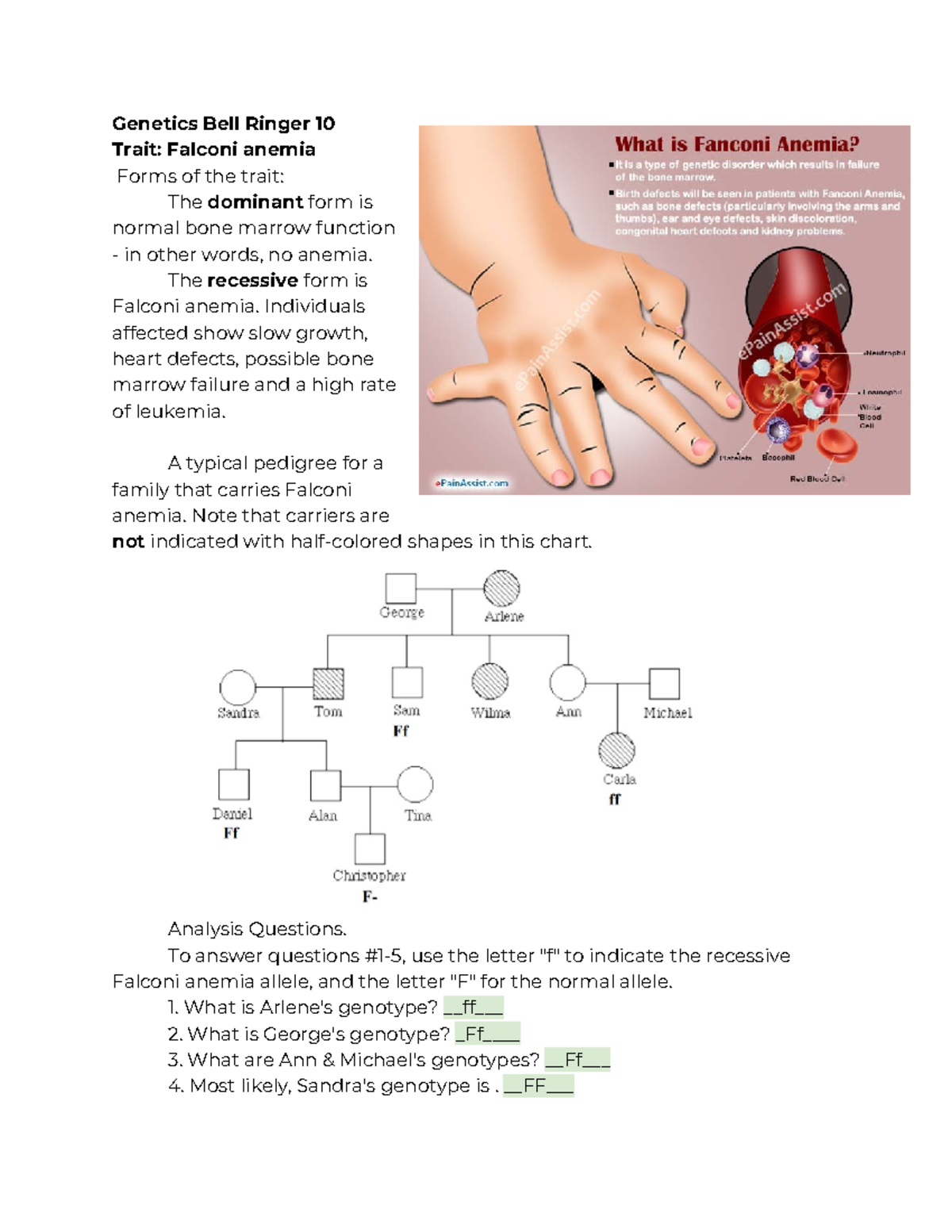 Genetics Bell Ringer 10 - The recessive form is Falconi anemia ...