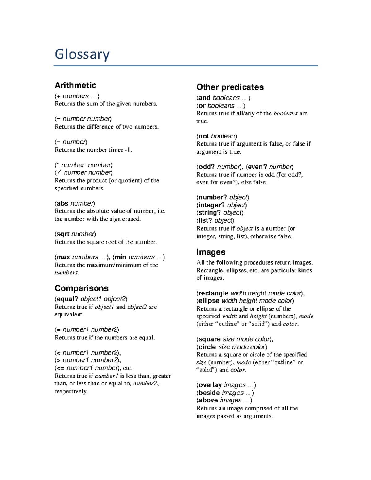 Exam 1 Glossary - Glossary Arithmetic (+ numbers ...) Returns the sum of the given numbers. (− ...