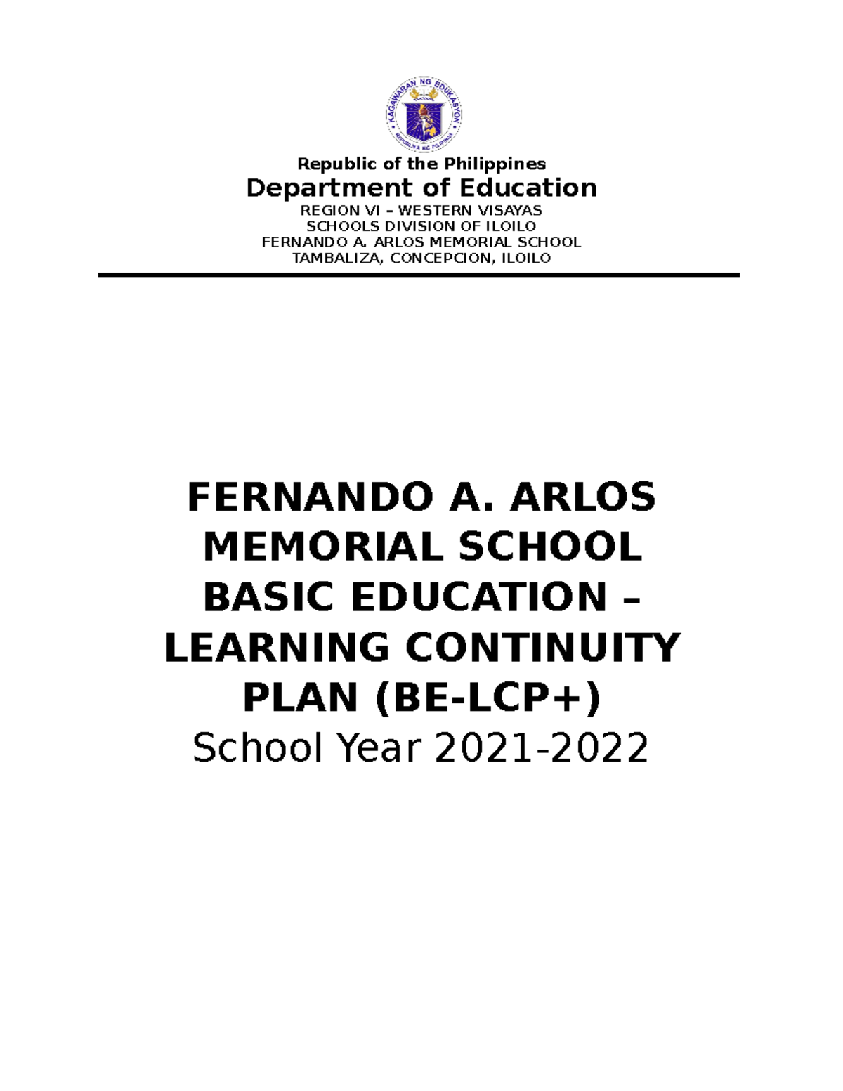 BE-LCP- Faams - Basic Education Learning Continuity Plan - Republic of ...