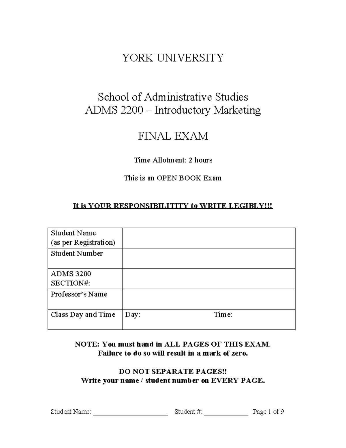Sample exam - YORK UNIVERSITY School of Administrative Studies ADMS ...