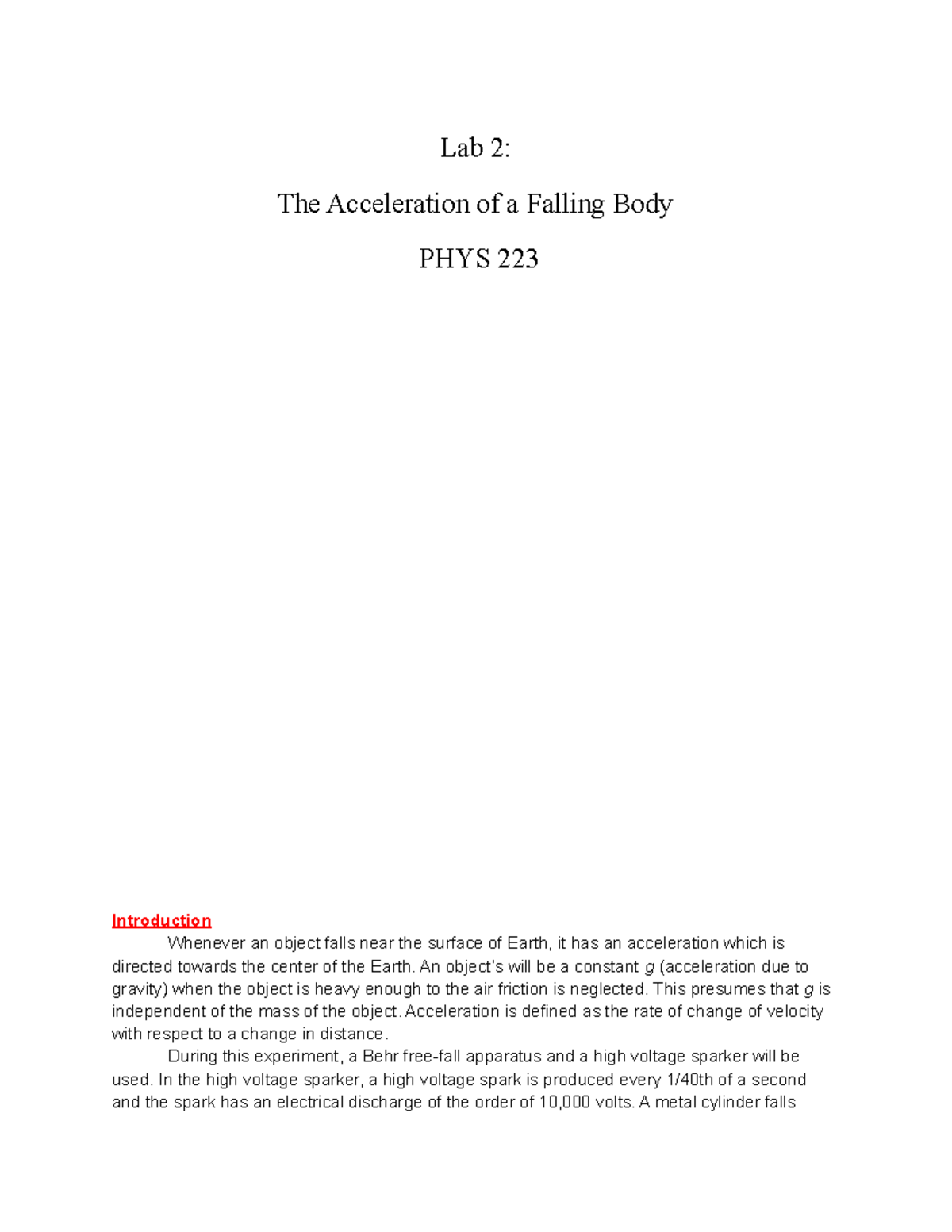 Physics 1 lab 2 - Lab 2: The Acceleration of a Falling Body PHYS 223 ...