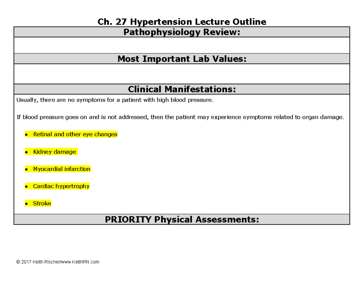 BAH Week 5 Ch. 27 Hypertension Lecture Outline - Ch. 27 Hypertension ...