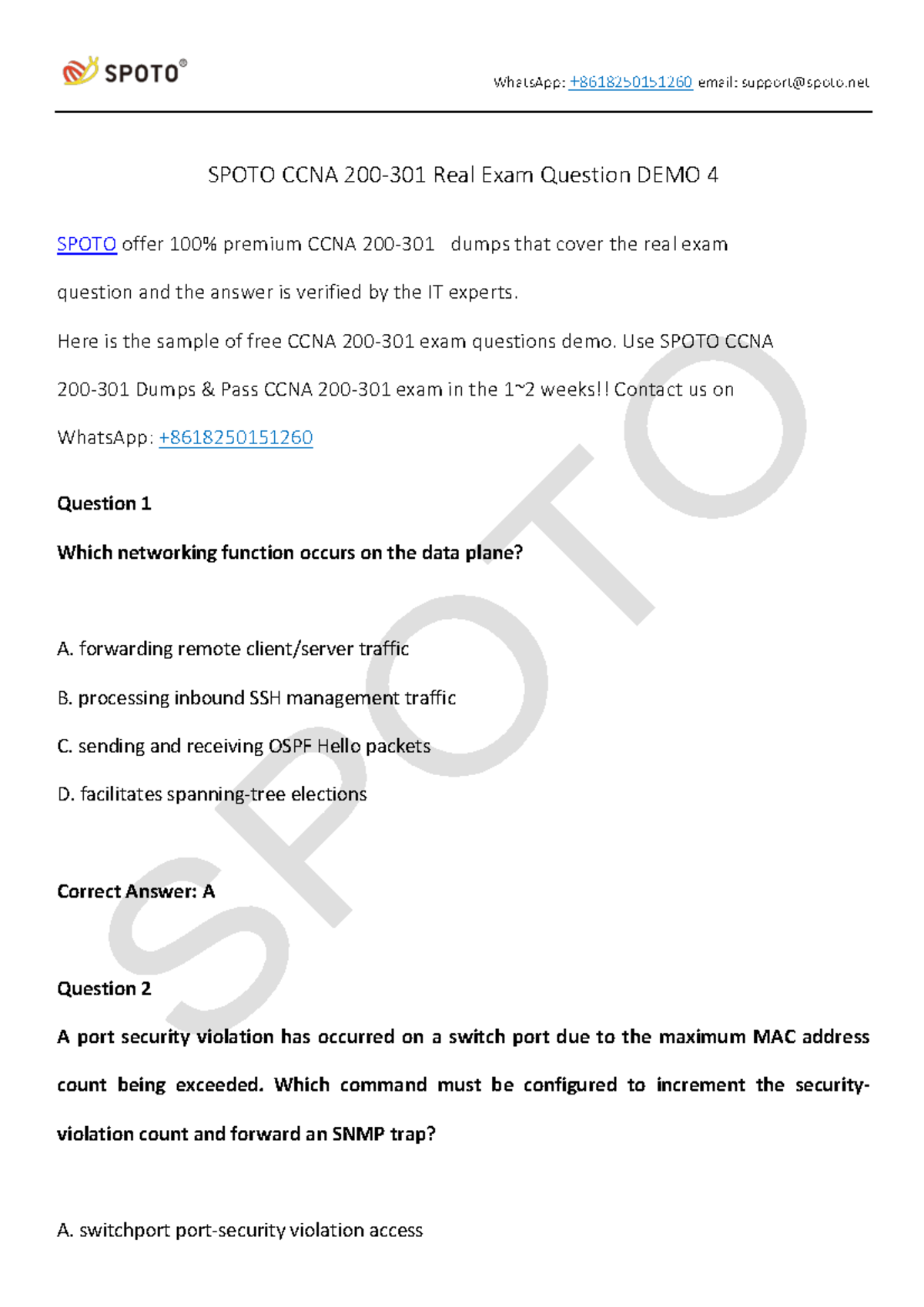 Spoto CCNA 200-301 Real Exam Question DEMO 4 - SPOTO CCNA 200- 301 Real Exam Question DEMO 4 ...