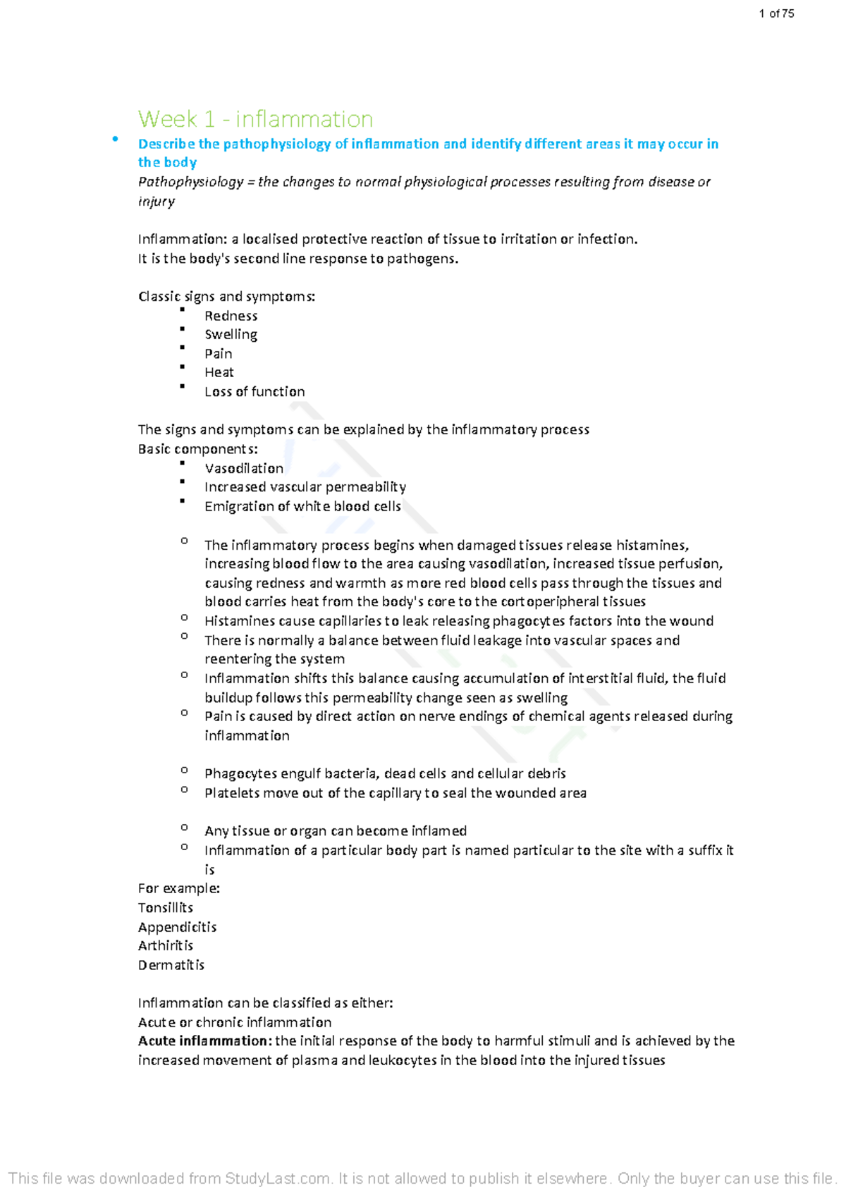 HNN227-course-notes - n/a - Week 1 - inflammation • Describe the ...