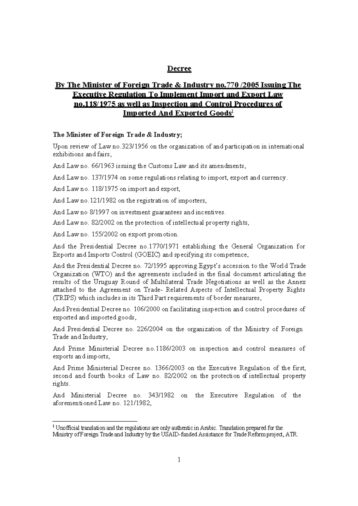 Regulation To Implement Import and Export Law - 66/1963 issuing the ...