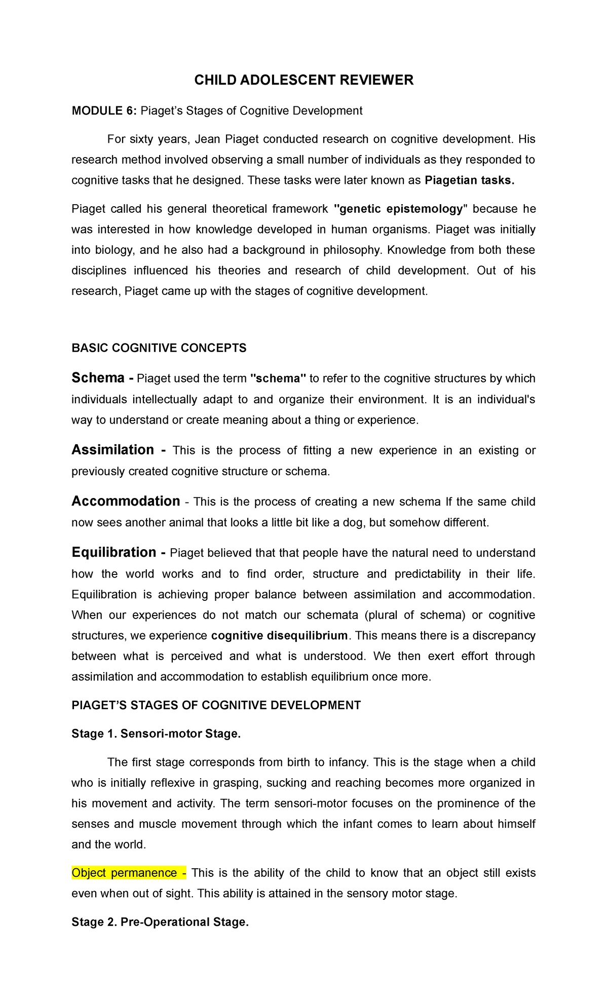 Child Adolescent Reviewer - CHILD ADOLESCENT REVIEWER MODULE 6: Piaget ...