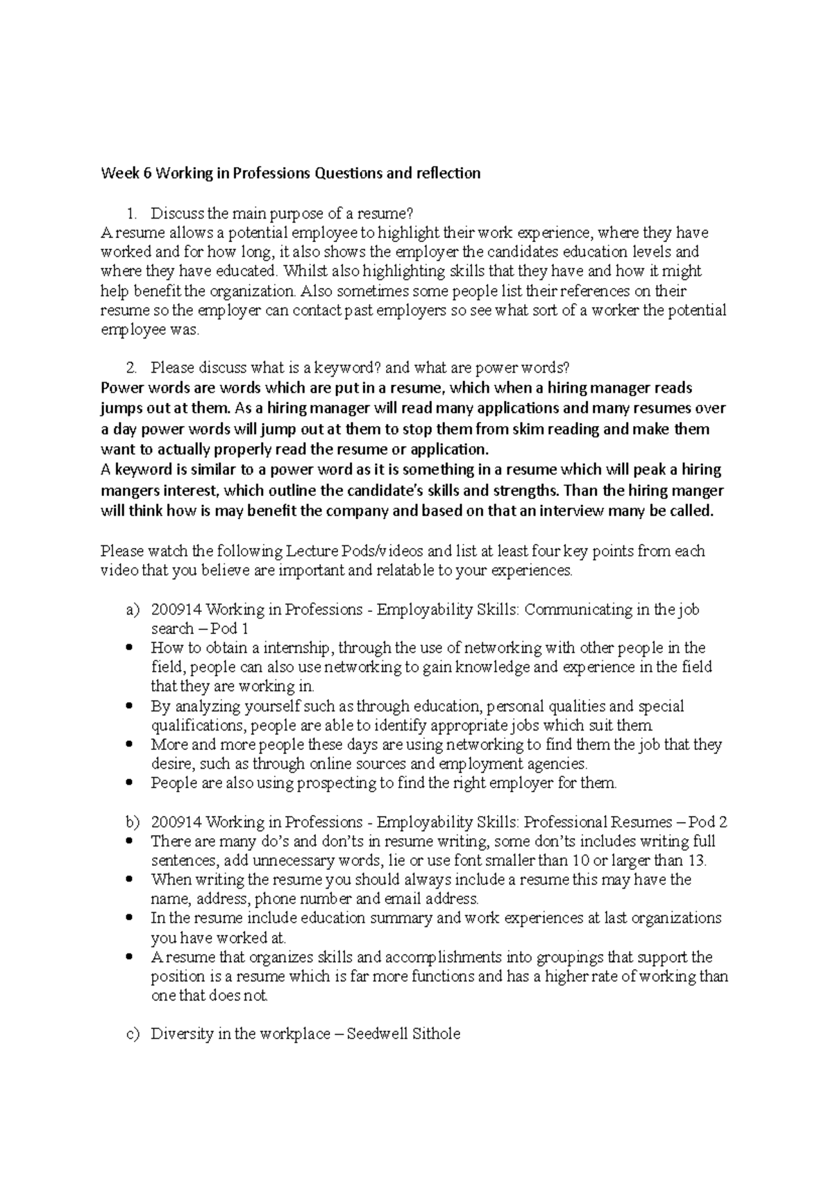 Week 6 Working in Professions Questions and reflection - Week 6 Working ...