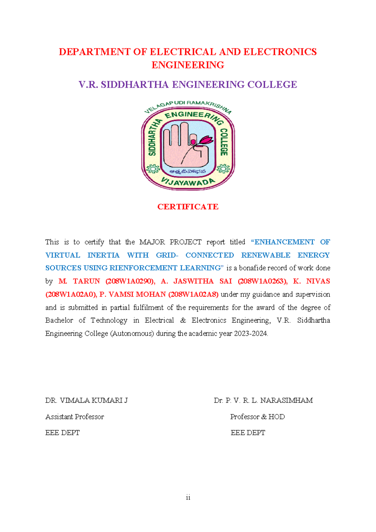 Major Project Report- Certificate- Report - DEPARTMENT OF ELECTRICAL ...