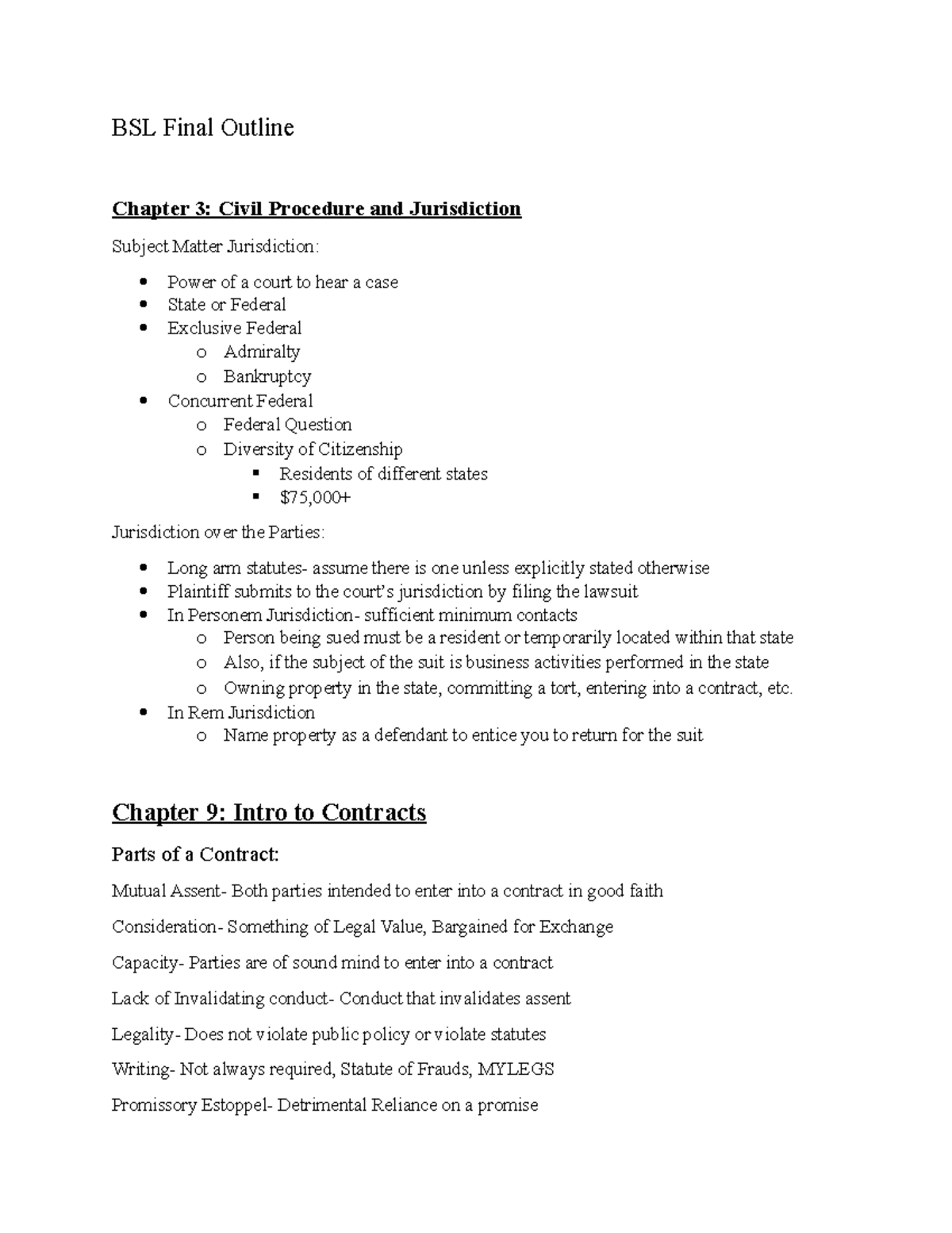 BSL Final Outline - BSL Final Outline Chapter 3: Civil Procedure and ...
