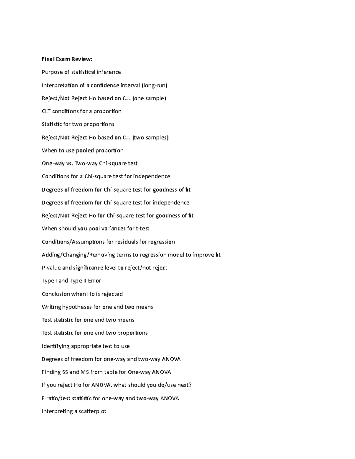 STats Final Exam Review Sheet - Final Exam Review: Purpose of ...