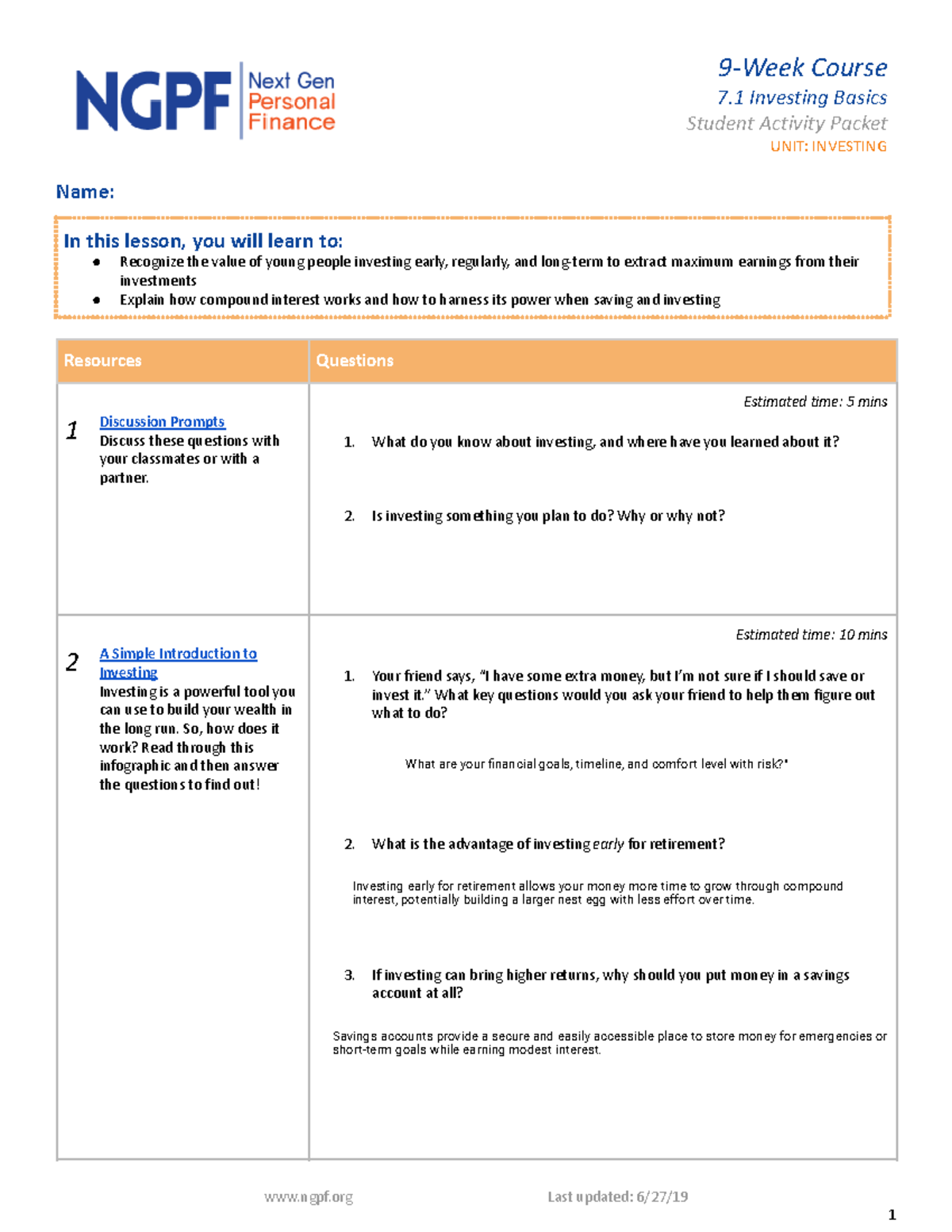 Congressperson Job Description - 9-Week Course 7 Investing Basics ...