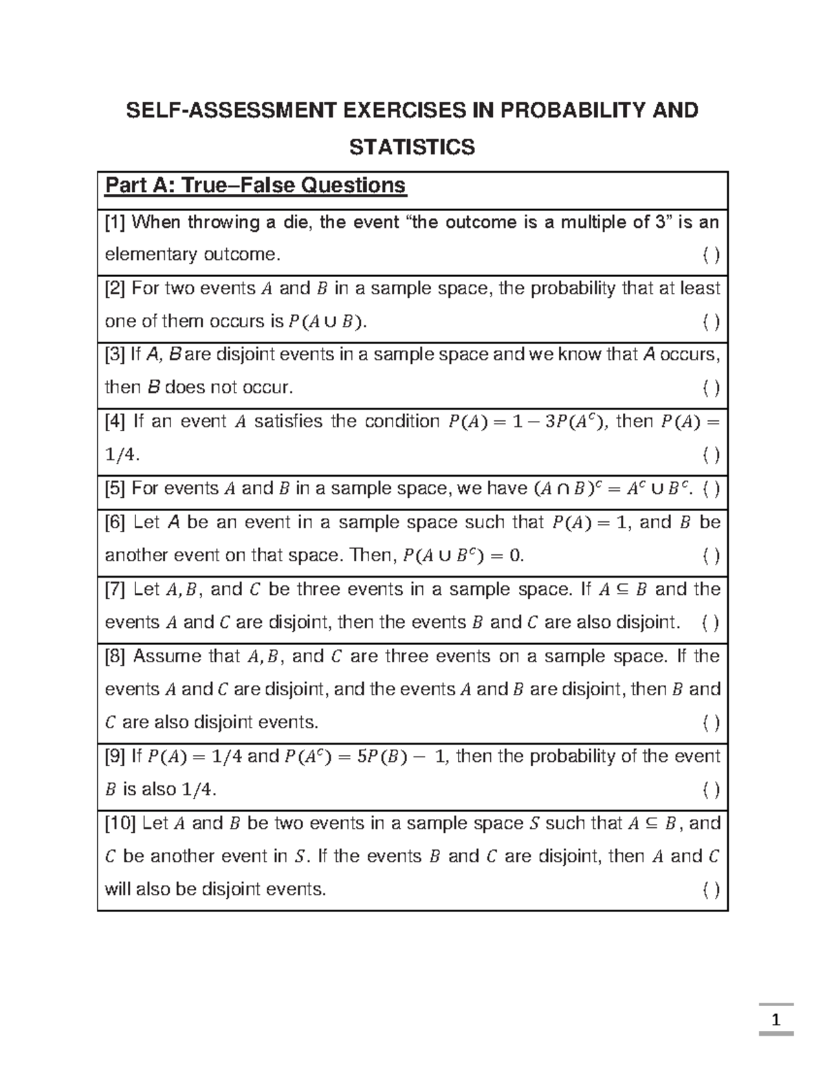 Probabilities And Statistics Question Bank - SELF-ASSESSMENT EXERCISES ...