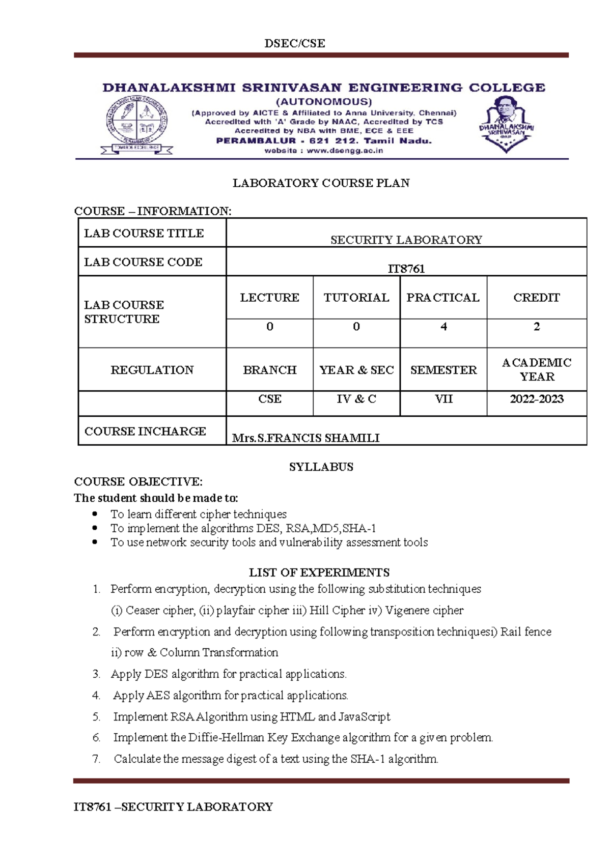 Security LAB-CP - LABORATORY COURSE PLAN COURSE – INFORMATION: LAB COURSE TITLE SECURITY ...
