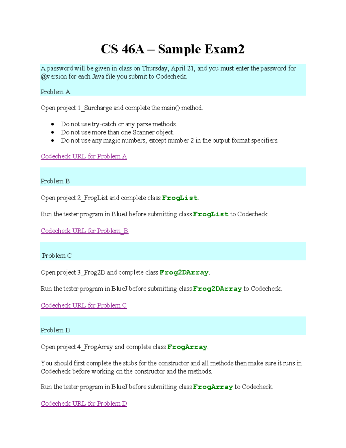 Samle Exam 2 - Sample exam - CS 46A – Sample Exam A password will be ...