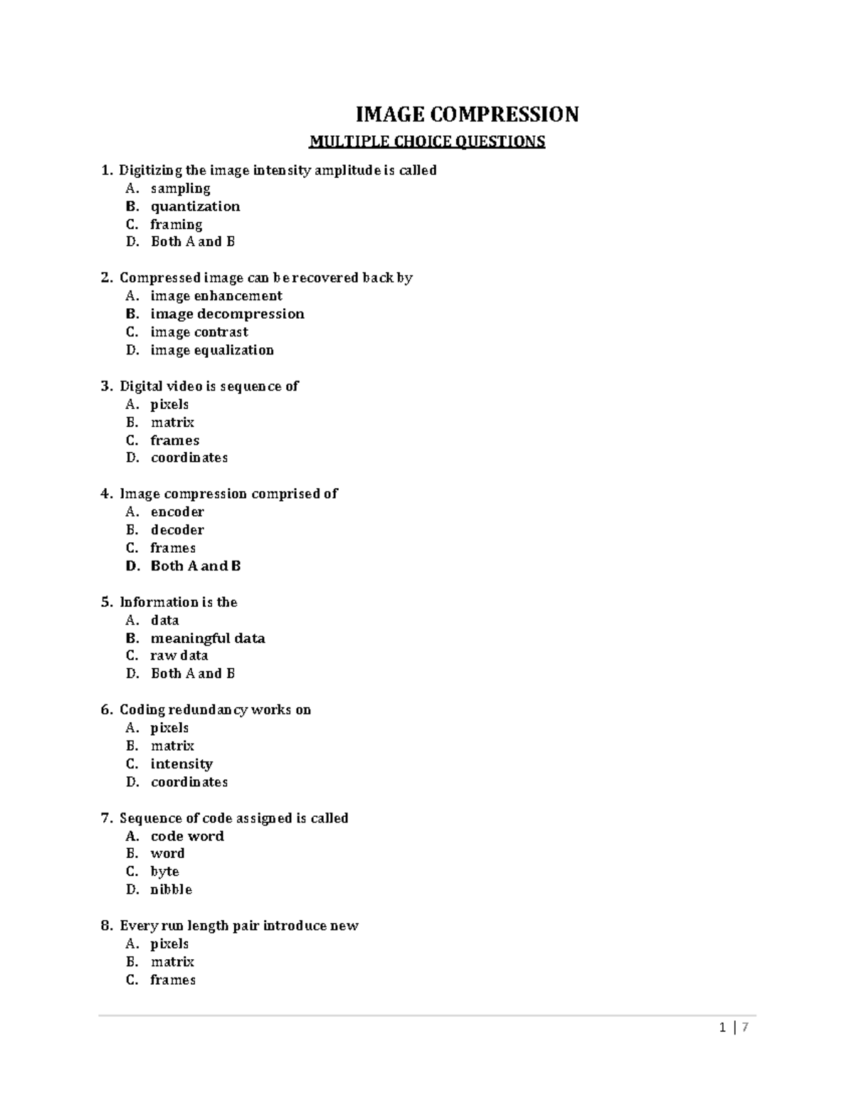 UNIT 2 Image Compression MCQ very nice contain - UNIT 2: IMAGE COMPRESSION MULTIPLE CHOICE ...