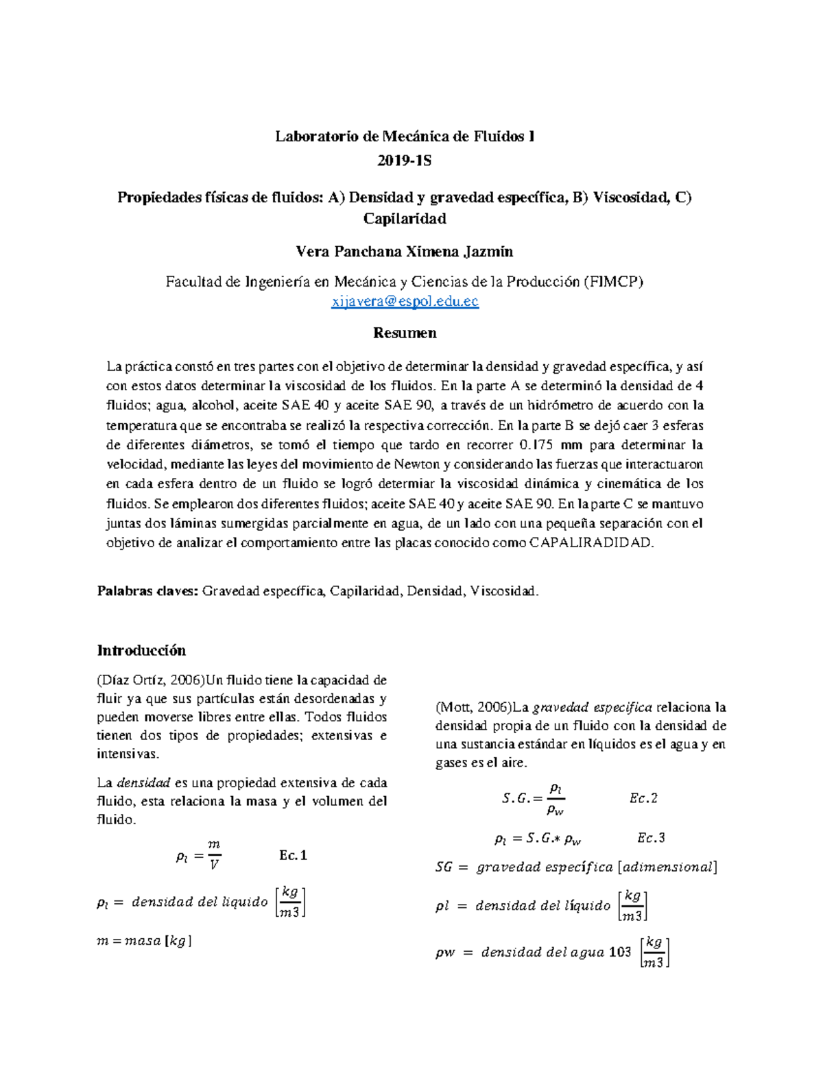 Ximena Vera Practica 1 Mecanica de fluidos - Warning: TT: undefined function: 32 Laboratorio de ...
