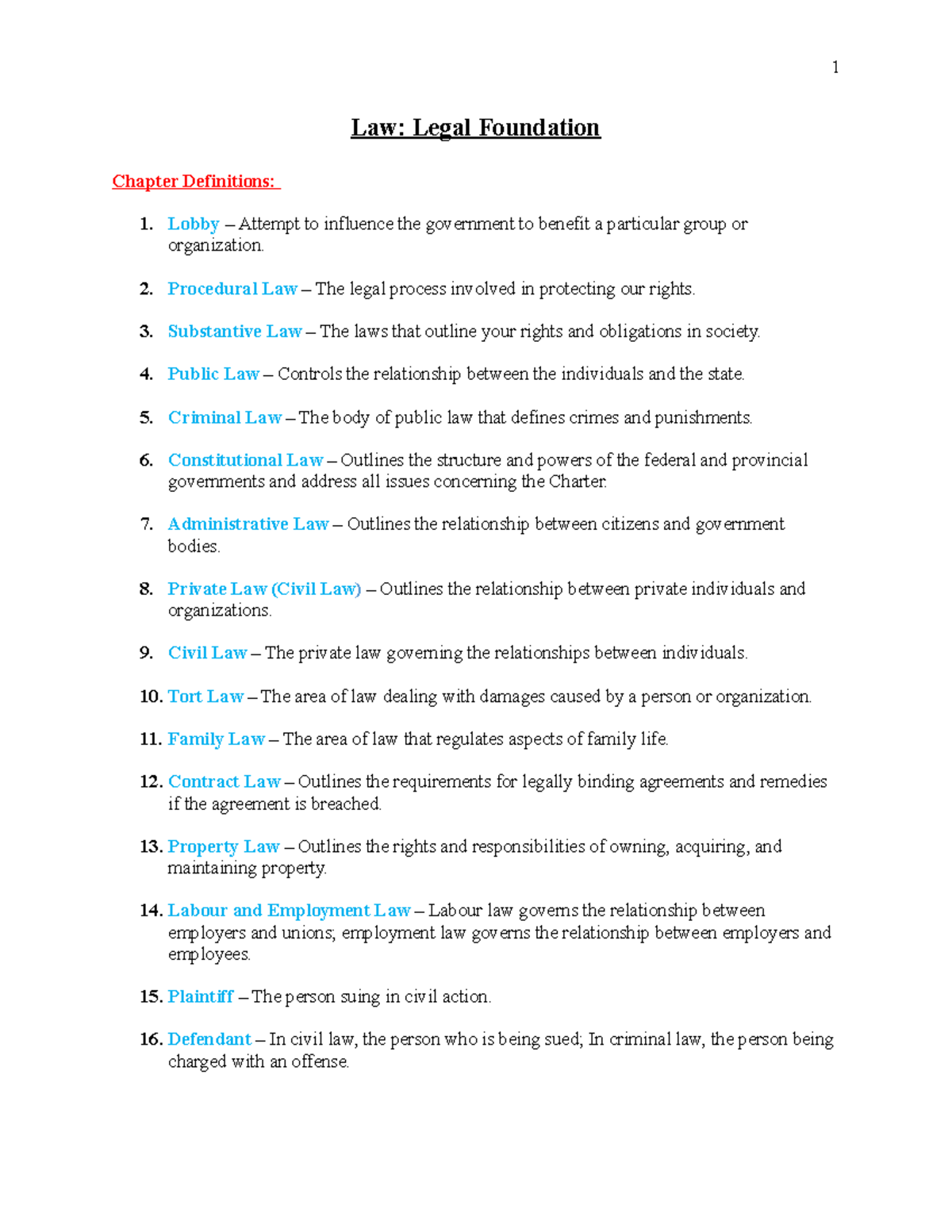 Law exam review - 1 Law: Legal Foundation Chapter Definitions: 1. Lobby ...