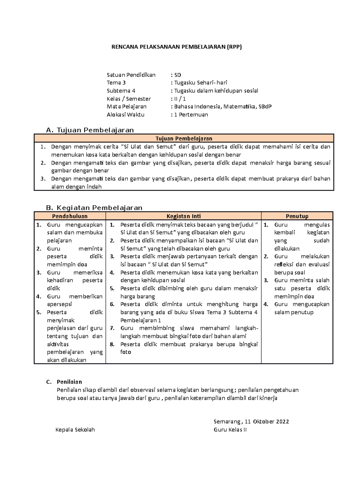 RPP Kelas 2 - RENCANA PELAKSANAAN PEMBELAJARAN (RPP) Satuan Pendidikan ...
