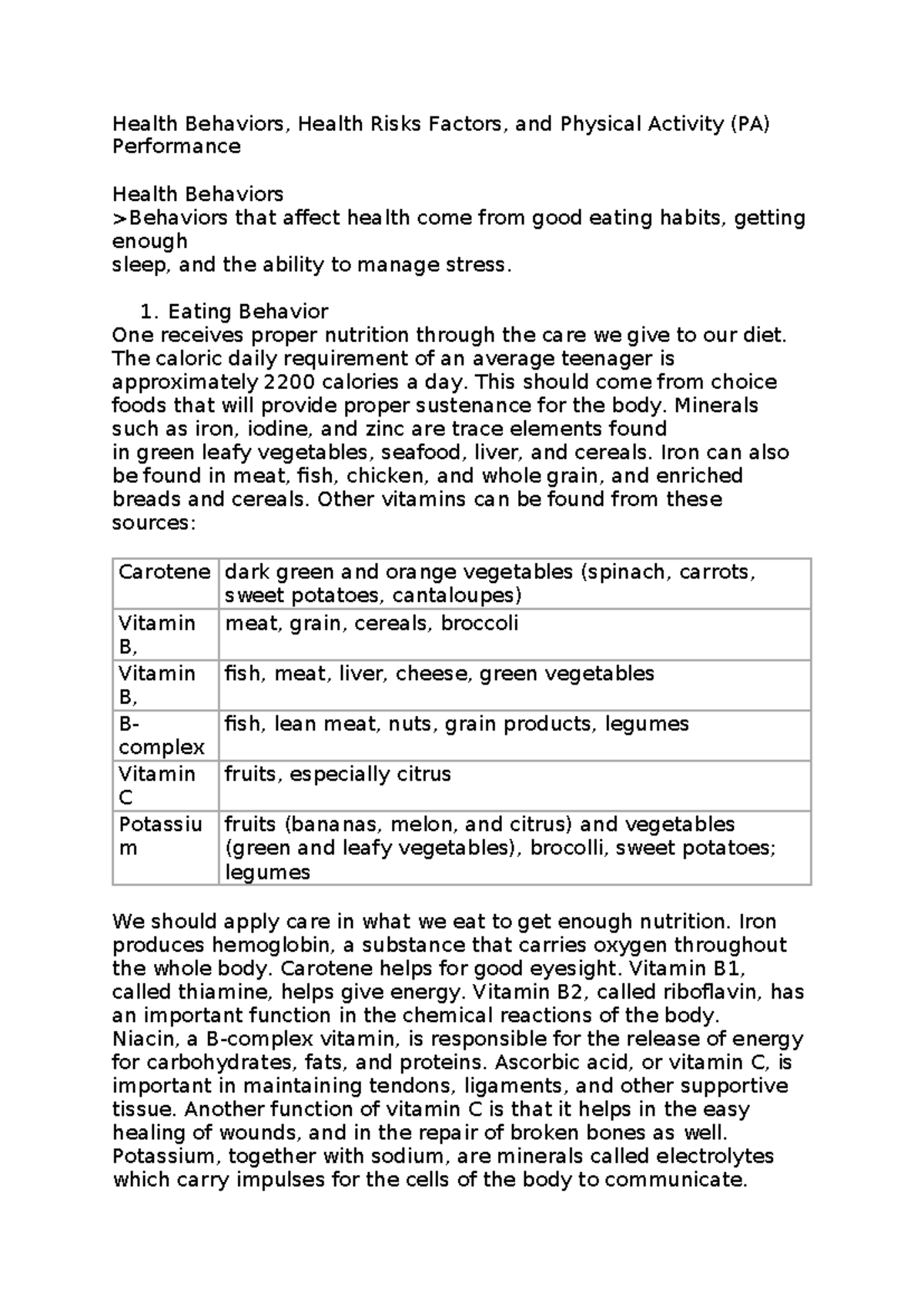 Health Behaviors, Health Risks Factors, and Physical Activity (PA ...