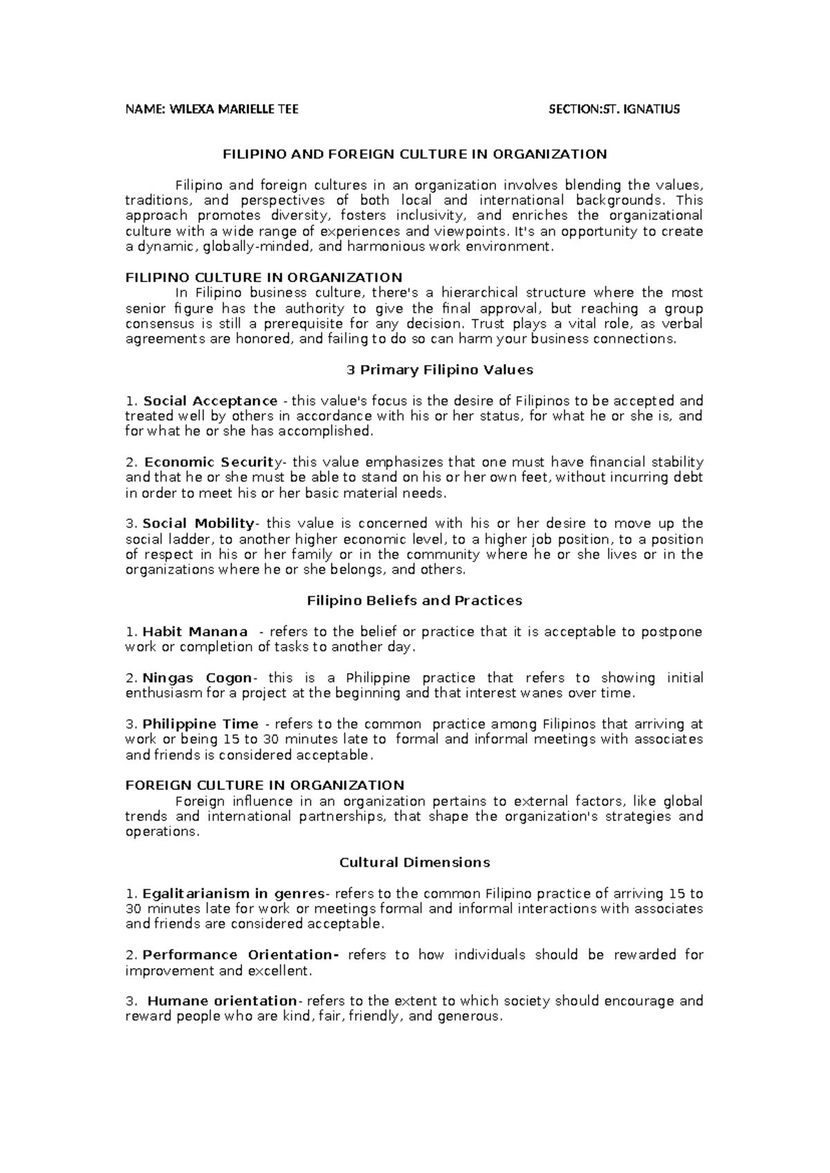 Filipino AND Foreign Culture IN Organization - NAME: WILEXA MARIELLE ...