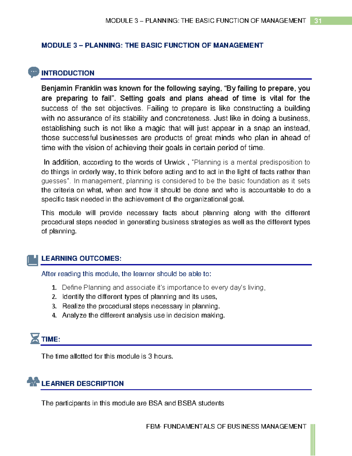 Module 3 - Planning - Lecture - MODULE 3 – PLANNING: THE BASIC FUNCTION ...