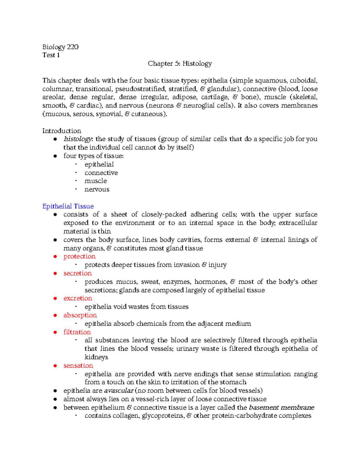chapter 5 notes - Biology 220 Test 1 Chapter 5: Histology This chapter ...
