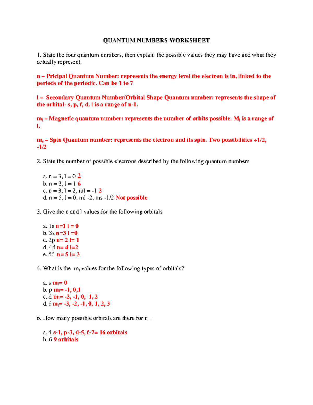 Quantum numbers worksheet answers - QUANTUM NUMBERS WORKSHEET State the ...