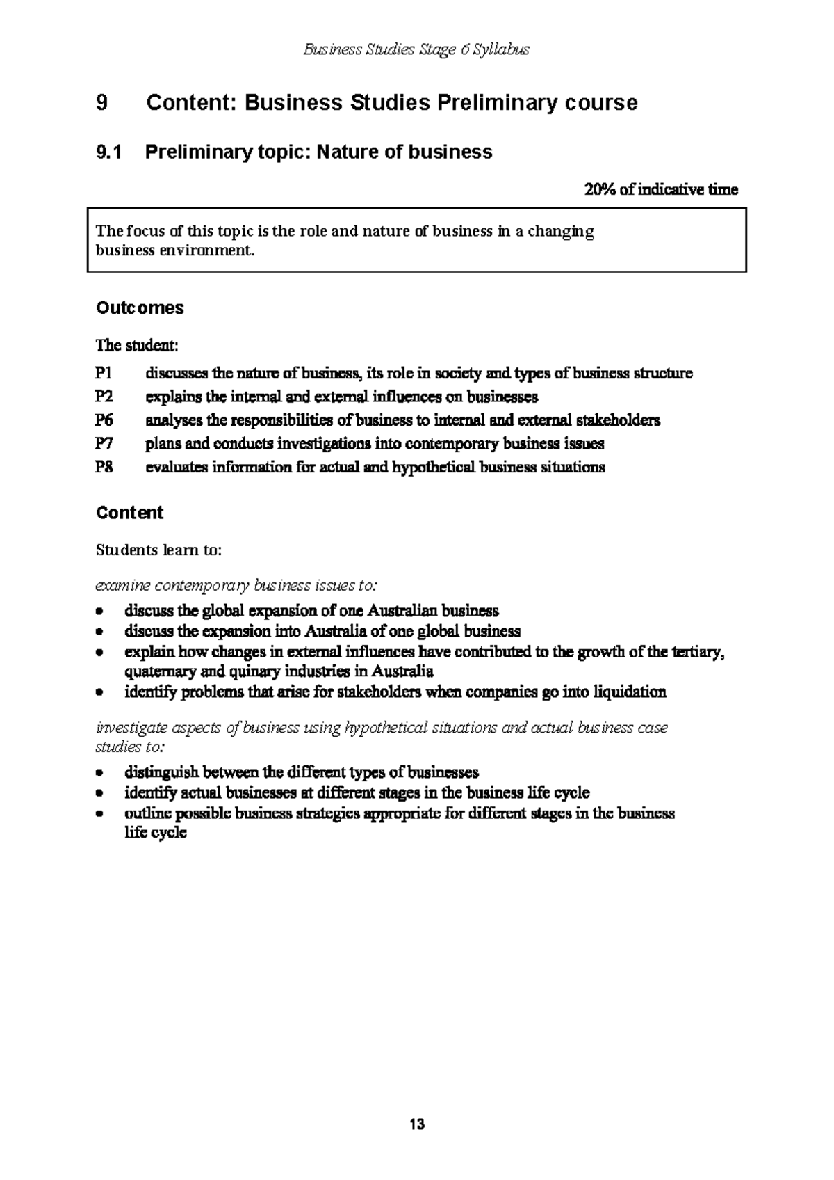 11 Business Syllabus - 9 Content: Business Studies Preliminary course 9 ...