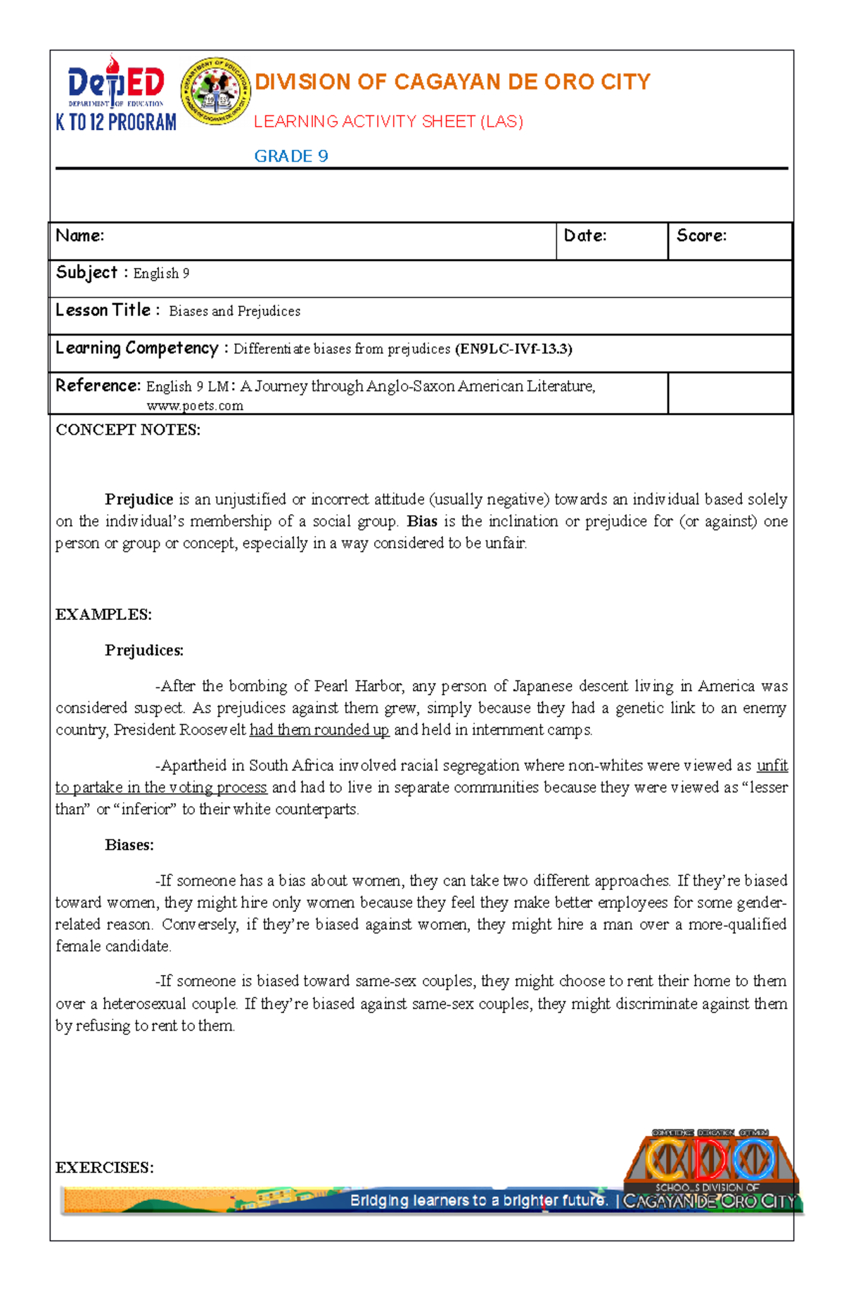 LAS 6 - Activity sheet - DIVISION OF CAGAYAN DE ORO CITY LEARNING ...