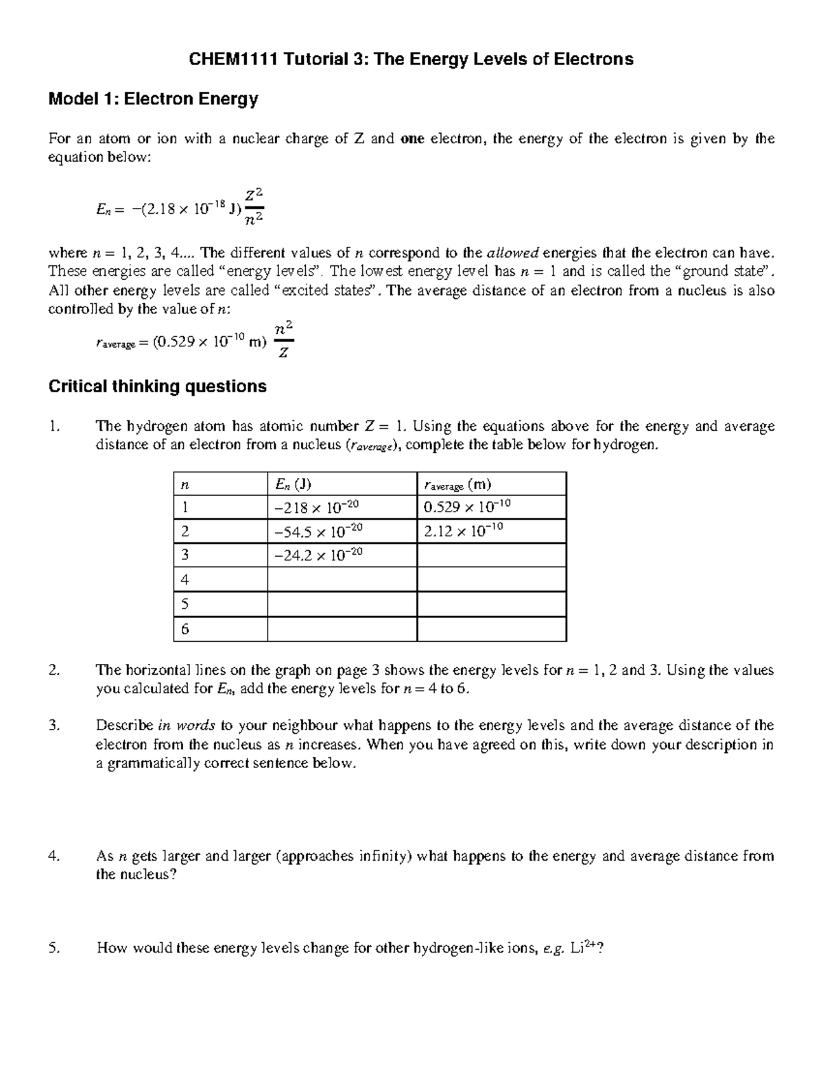 Chem1111Tutorial 03 1 CHEM1111 Tutorial 3 The Energy Levels Of