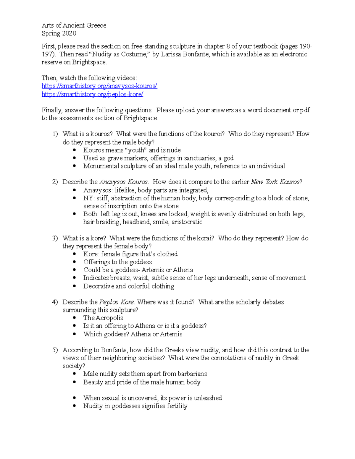 Study Questions Kouros and Kore Assignment - Arts of Ancient Greece ...