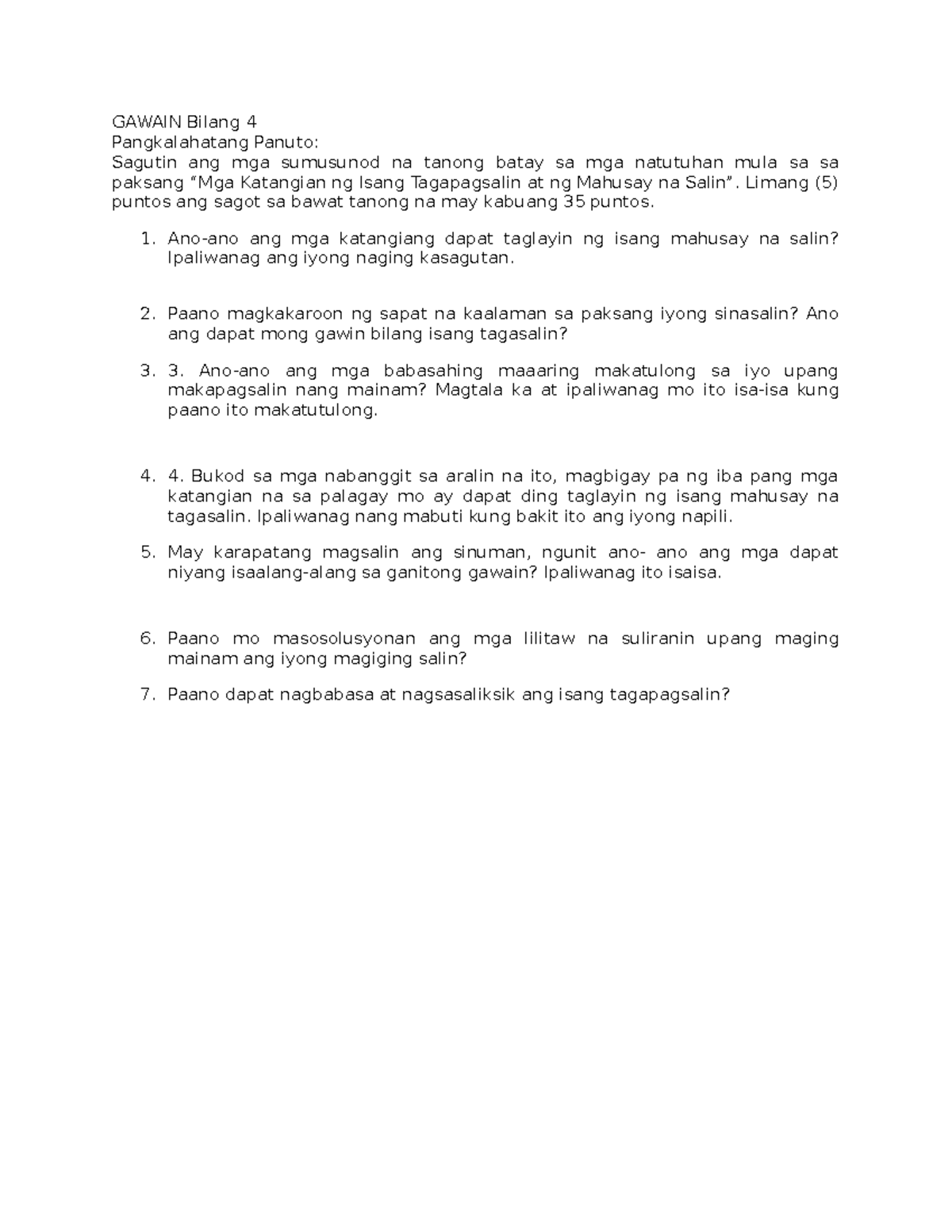 Gawain #4 Pagsasalin sa ibat ibang disiplina - GAWAIN Bilang 4 ...