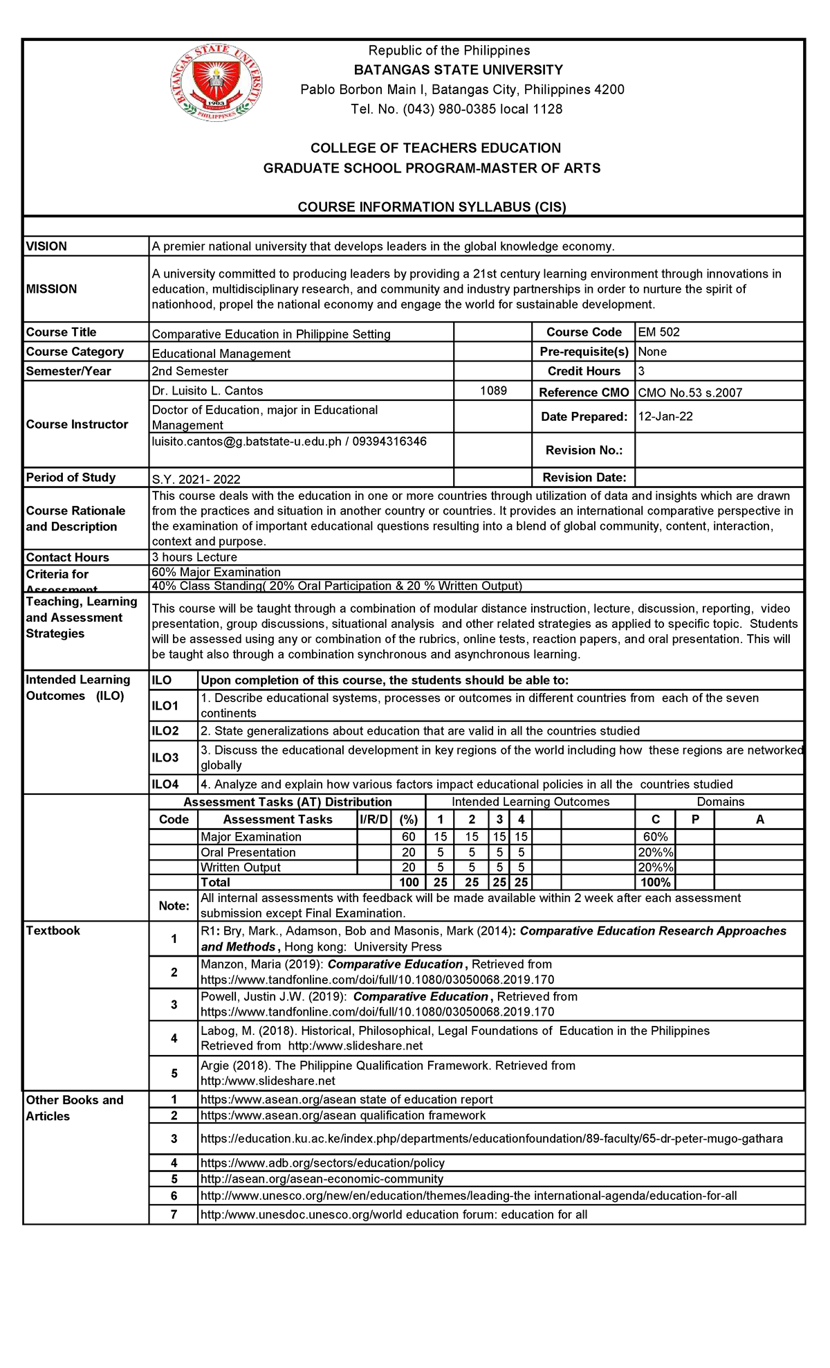 EM 502 Comparative Education in Philippine Setting MA EDUC - Republic ...