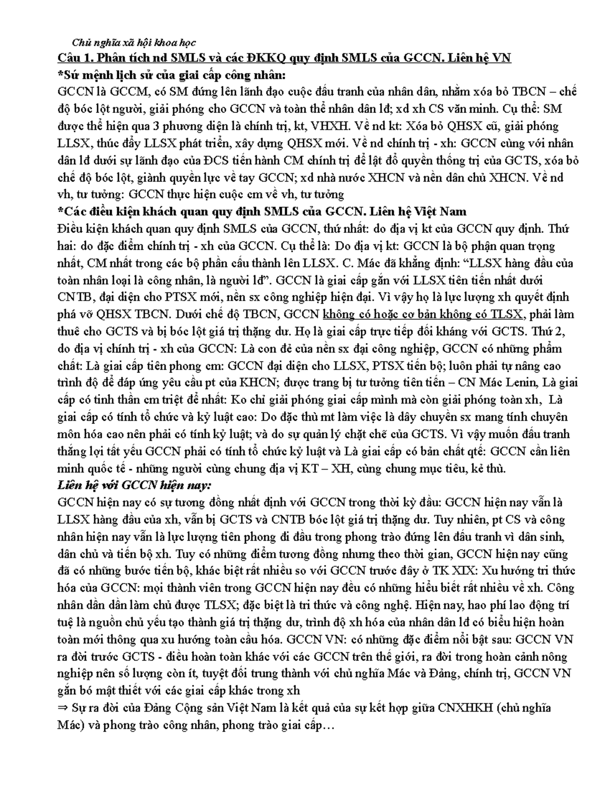 ĐỀ CƯƠNG CNXH 1 - Chủ nghĩa xã hội khoa học (CNXHKH) - Edit - Câu 1. Phân tích nd SMLS và các ...