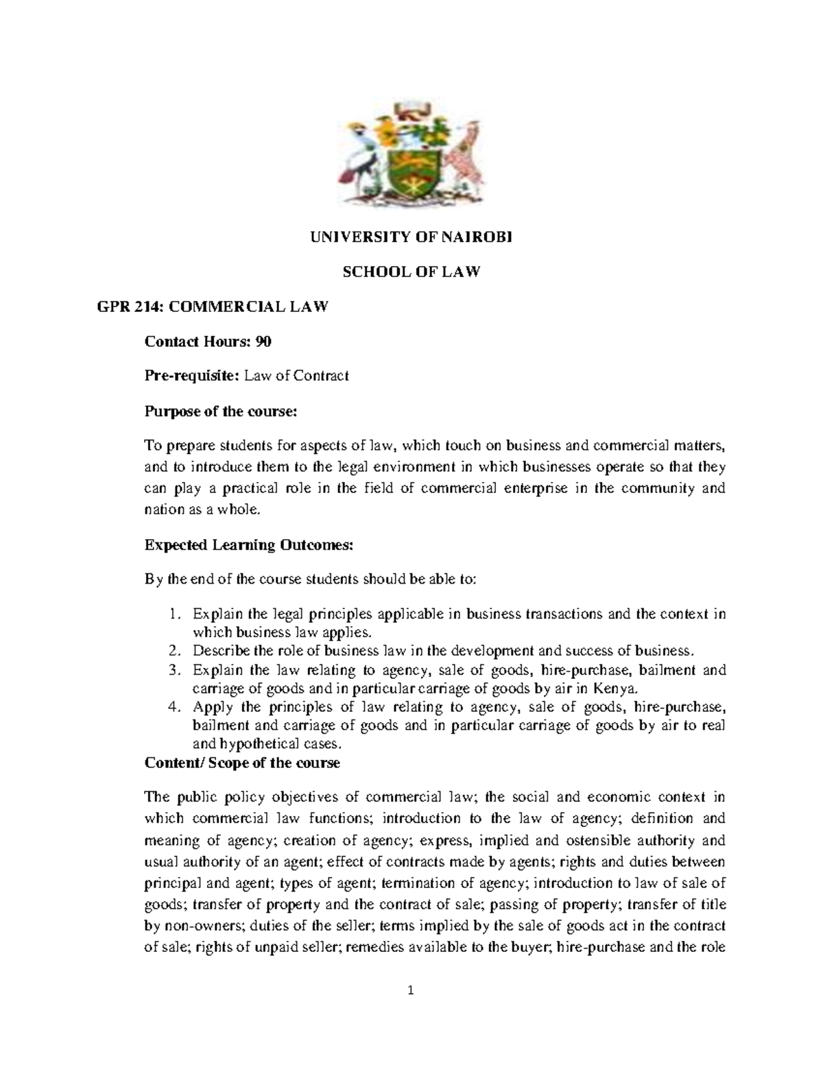 Comm law Course outline UON GPR 214 Course Outline- Commercial LAW 2018 ...