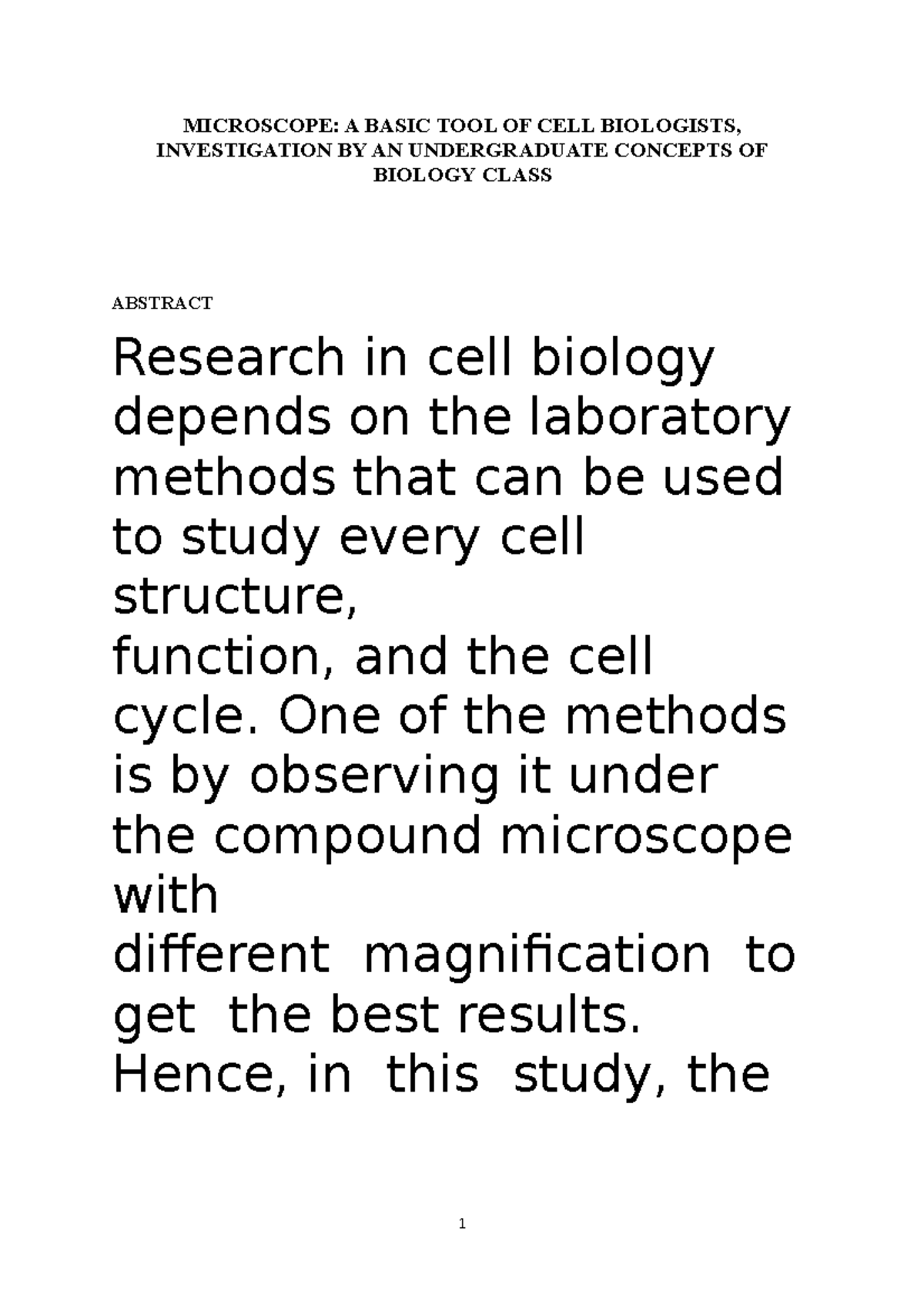 BIO400 Lab Report draft - MICROSCOPE: A BASIC TOOL OF CELL BIOLOGISTS ...