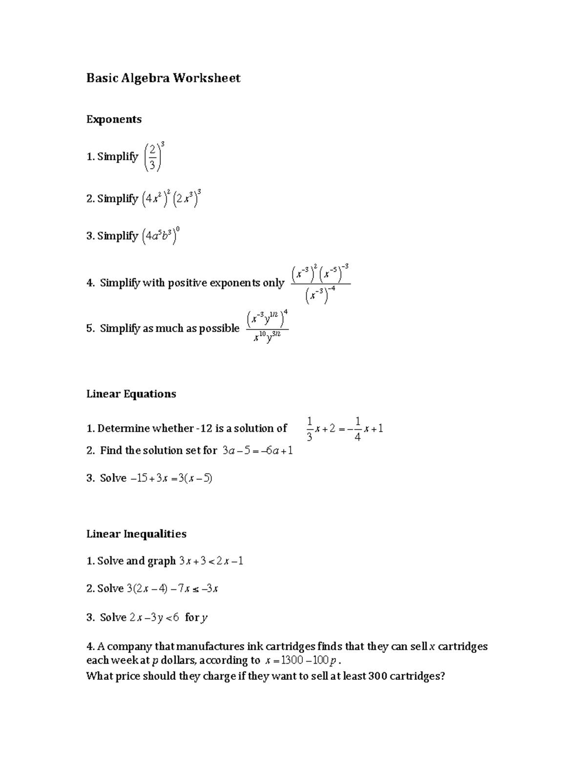 Practice materials, worksheets - Basic Algebra Worksheet Exponents ...