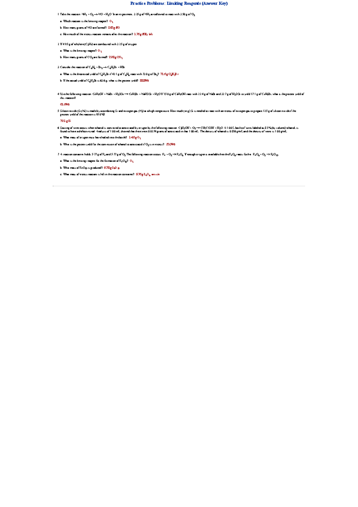 Limiting Reagent Practice - Practice Problems: Limiting Reagents (Answer Key) Take the reaction ...