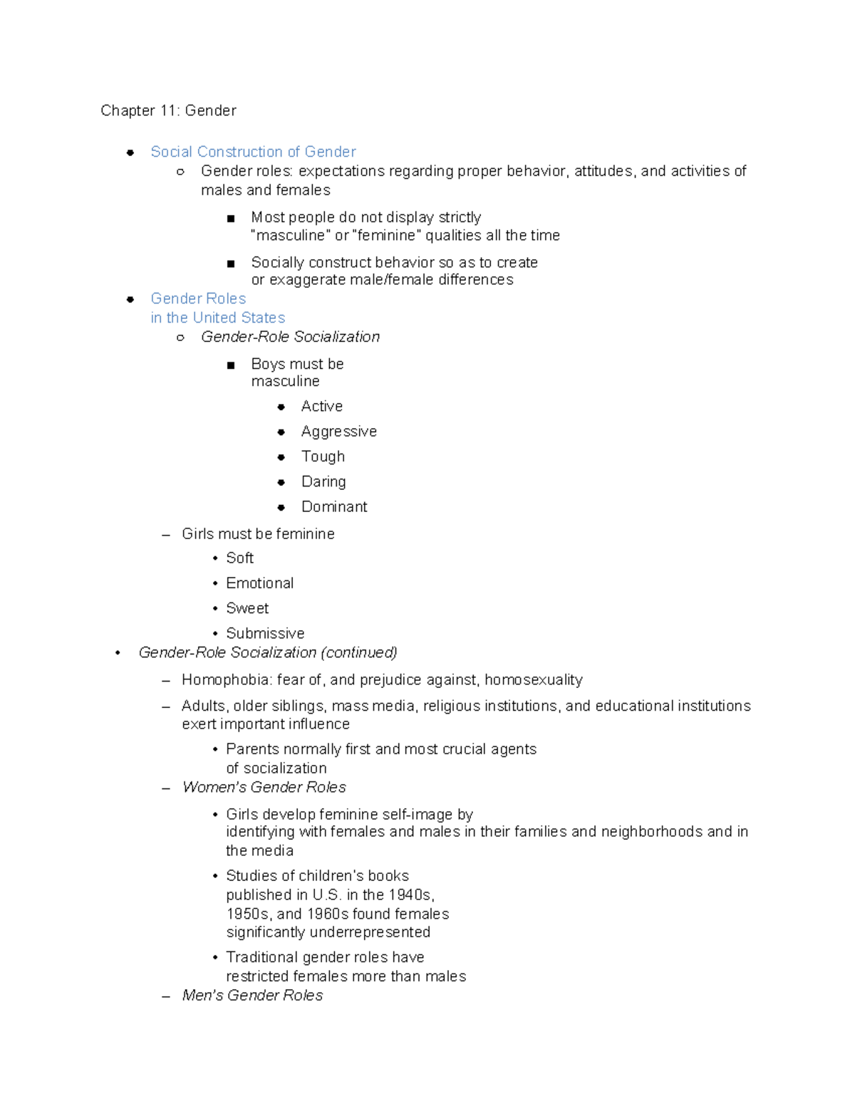 Chapter 11 Gender notes - Chapter 11: Gender Social Construction of ...