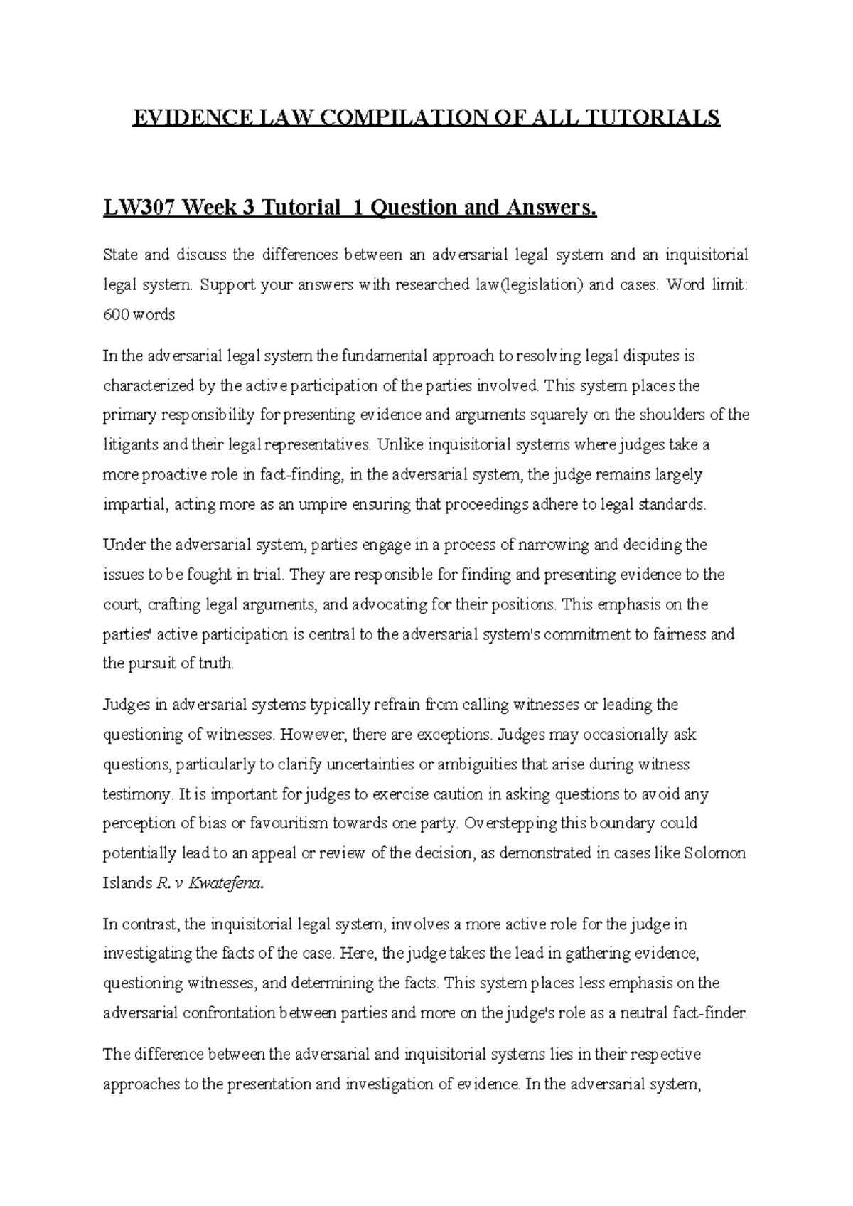 Evidence LAW Compilation OF ALL Tutorials - EVIDENCE LAW COMPILATION OF ALL TUTORIALS LW307 Week ...