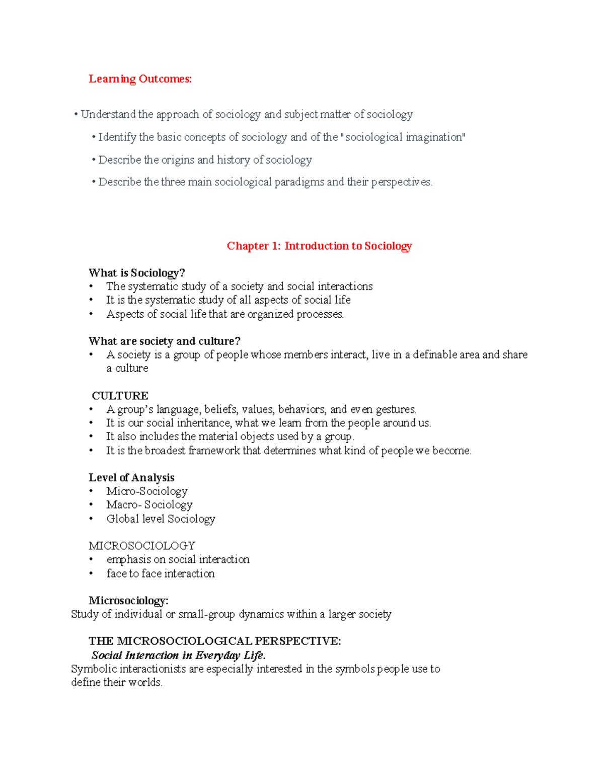 Notees on Chapter 1- intro to Sociology Read 1 - Learning Outcomes ...
