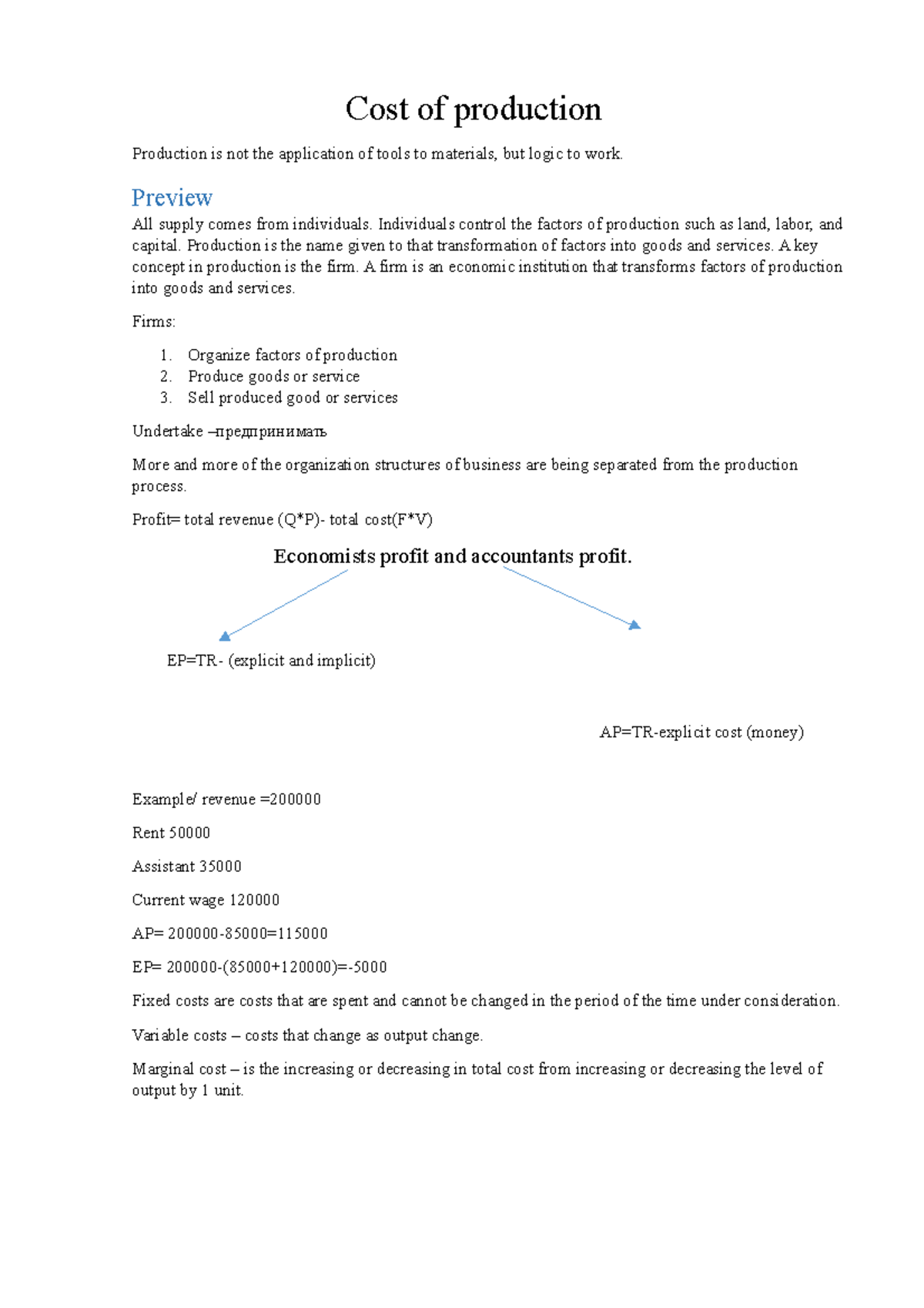 Cost Of Production SDfds Cost Of Production Production Is Not The