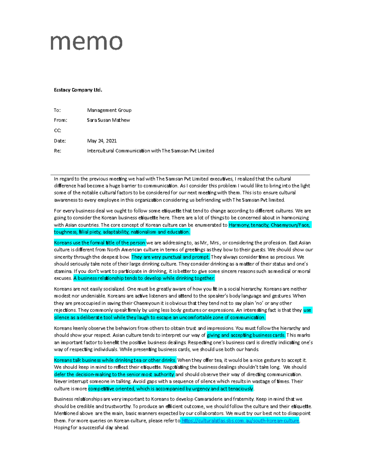 Inter Cultural Communication- Memo - memo Ecstacy Company Ltd. To ...