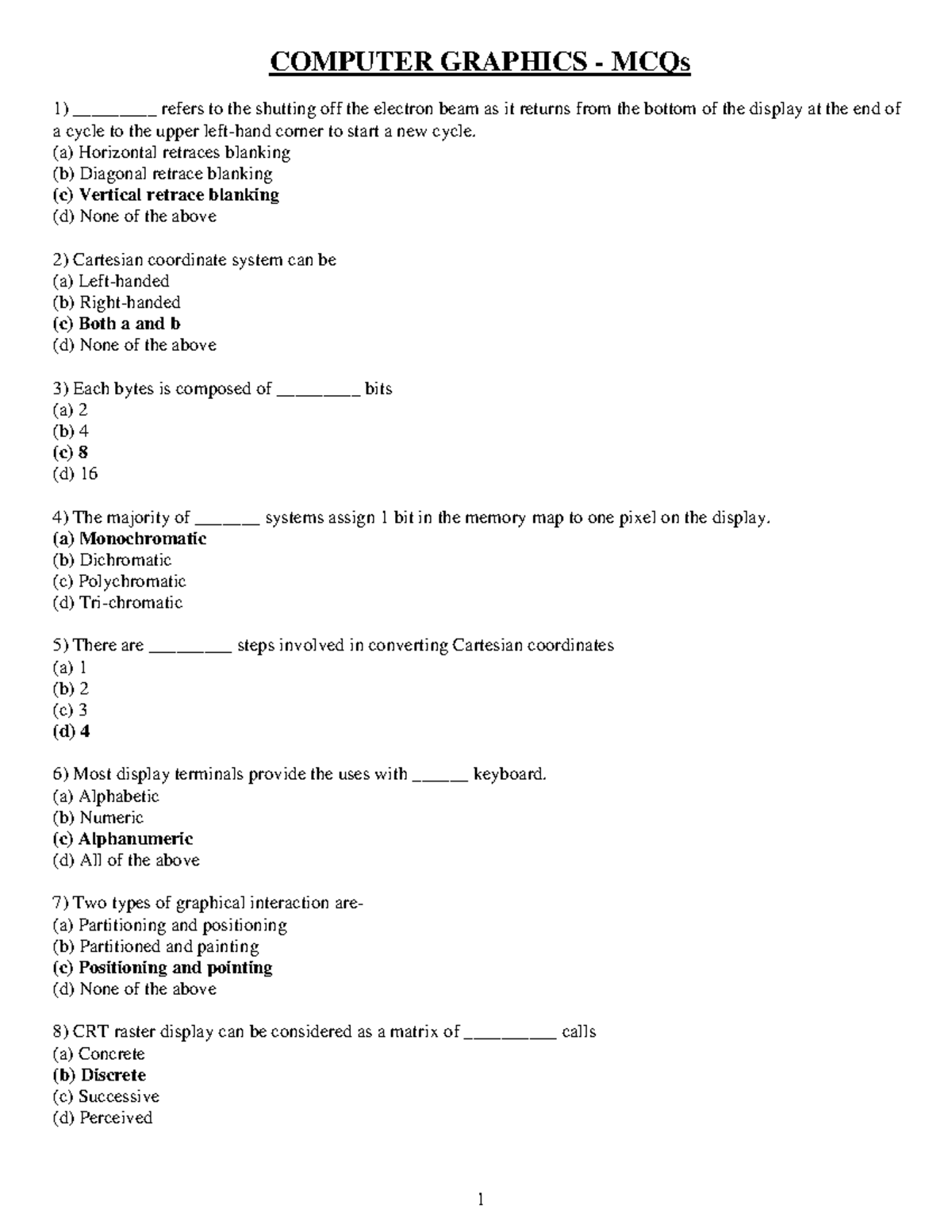 Computer Graphics Q And A 1 1mark Questions And Answers Computer Graphics Mcqs 7423