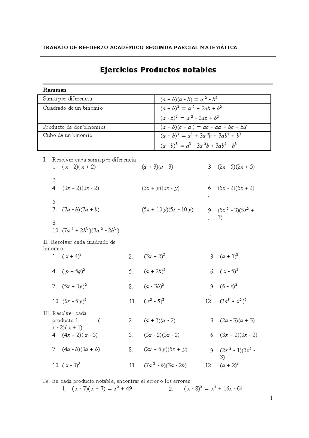 Ejercicios-productos-notables - TRABAJO DE REFUERZO ACADÉMICO SEGUNDA ...